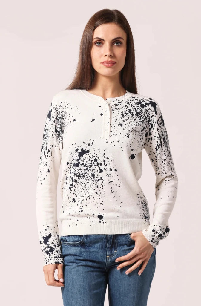 MINNIE ROSE-Supima Cotton Cashmere Paint Splatter Henley White/Navy ...